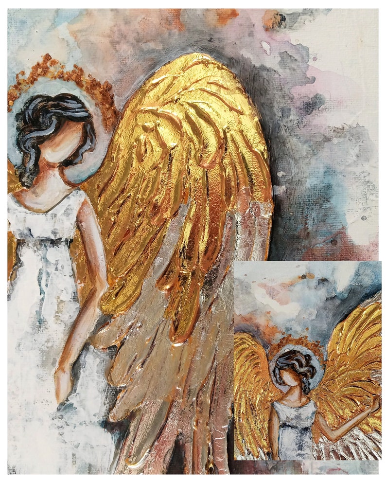 Original Abstract White Guardian Angel Painting Gold Silver Angel Wings ...