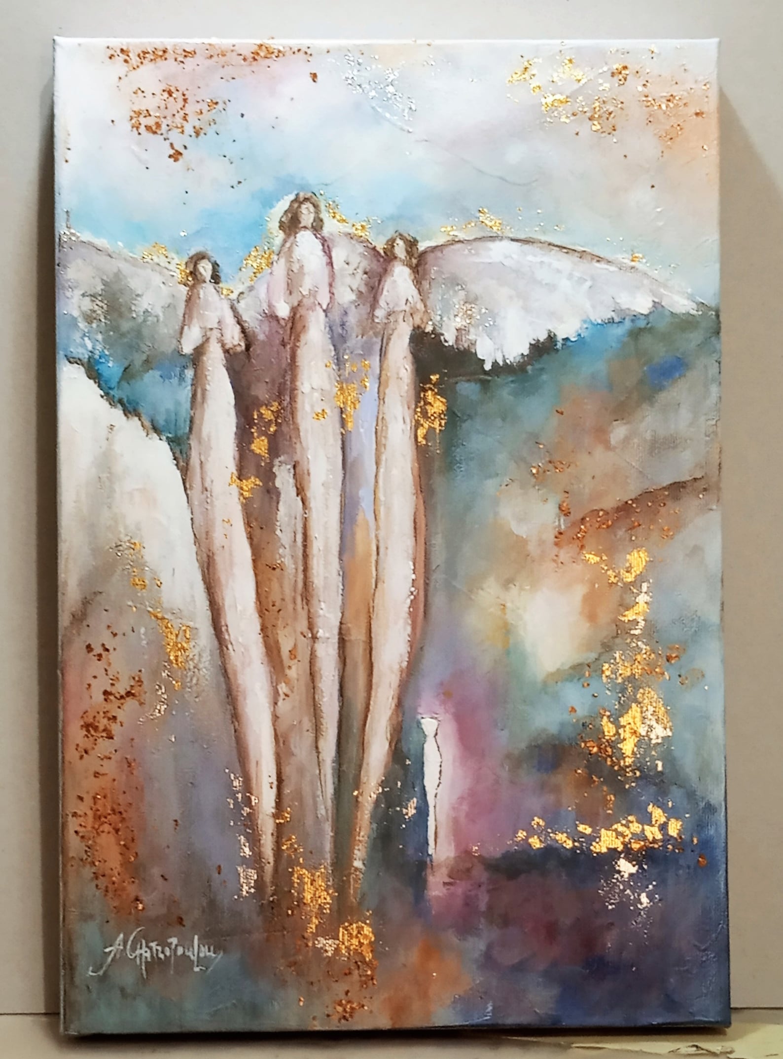 Three Angels Painting,abstract Angels,24k Gold and Silver Leaves Art ...