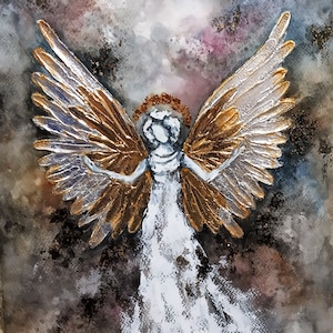 Abstract White Angel, OOAK Watercolor Gouache Angel Art, 22k Pinkgold ...