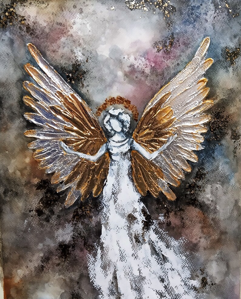 Abstract White Angel, OOAK Watercolor Gouache Angel Art, 22k Pinkgold ...