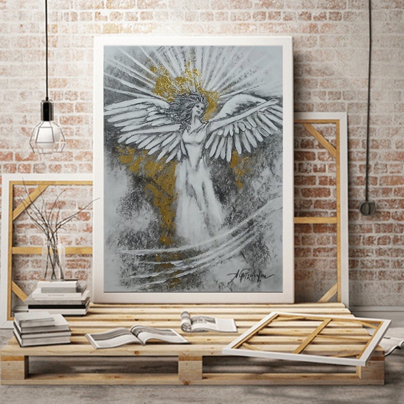 Black White and Gold Drawing, Fine Art Angel Picture, Charcoal Gold ...