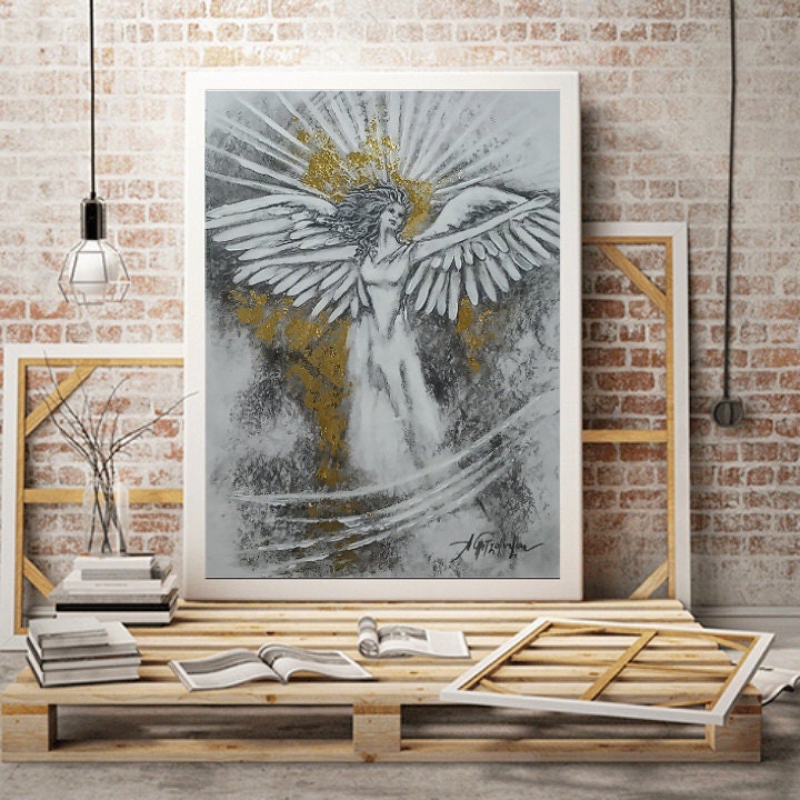 Black White and Gold Drawing Fine Art Angel Picture Charcoal - Etsy