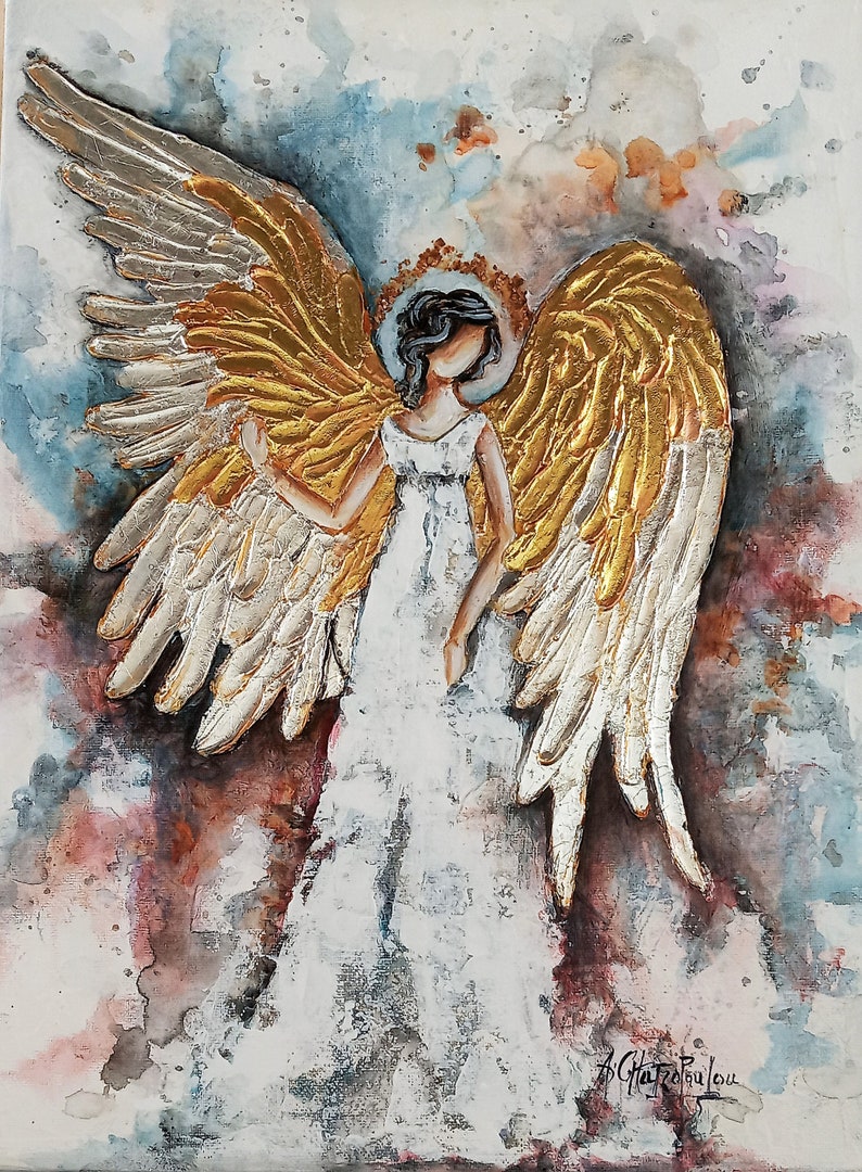 Original Abstract White Guardian Angel Painting Gold Silver Angel Wings ...