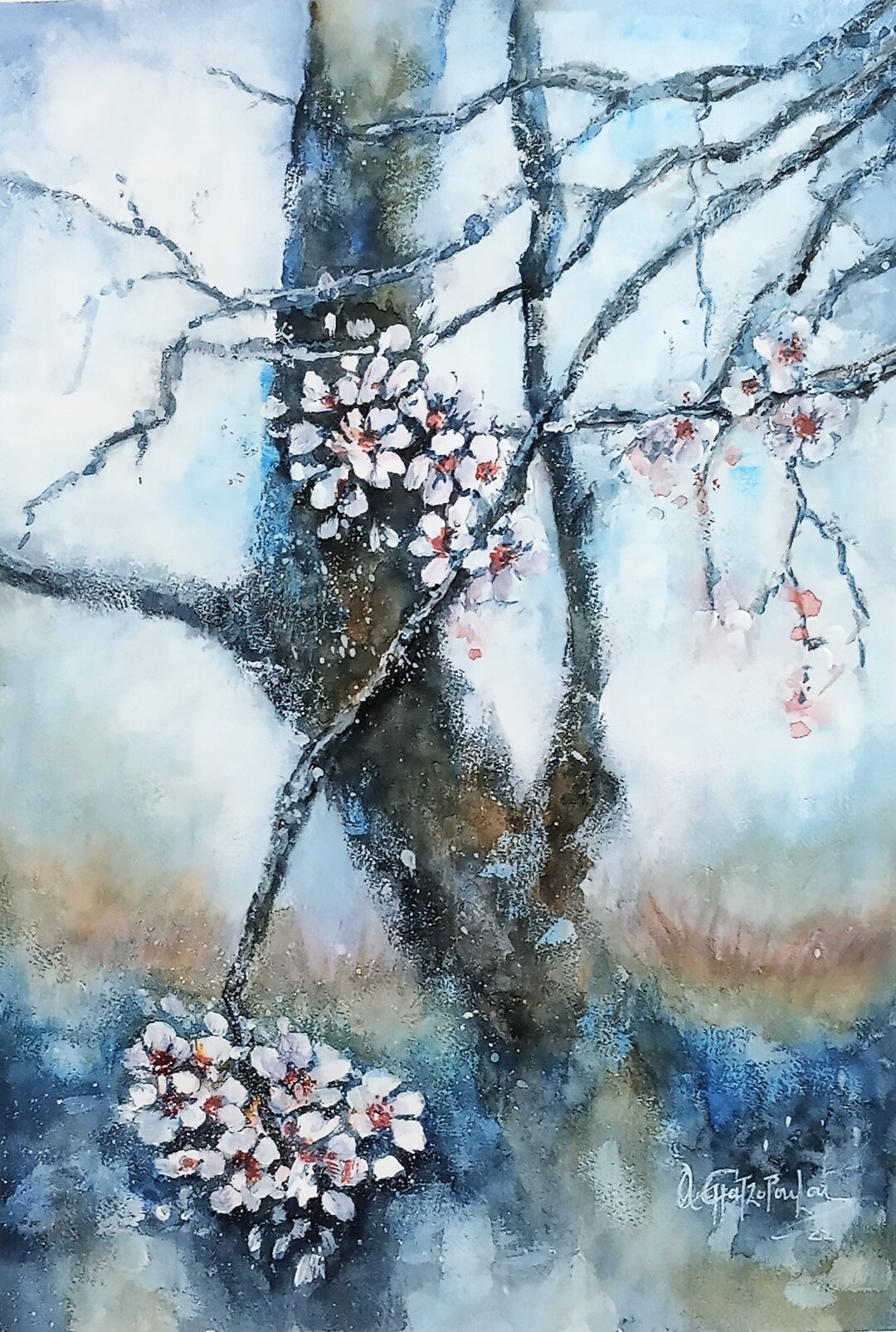 Flowering Tree Art, White Flower Blossoms Original Watercolor Acrylic ...