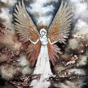 Abstract Angel Painting, White Angel, Pink Gold Silver Leaf Angel Wings ...