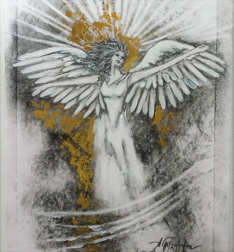 Black White and Gold Drawing, Fine Art Angel Picture, Charcoal Gold ...