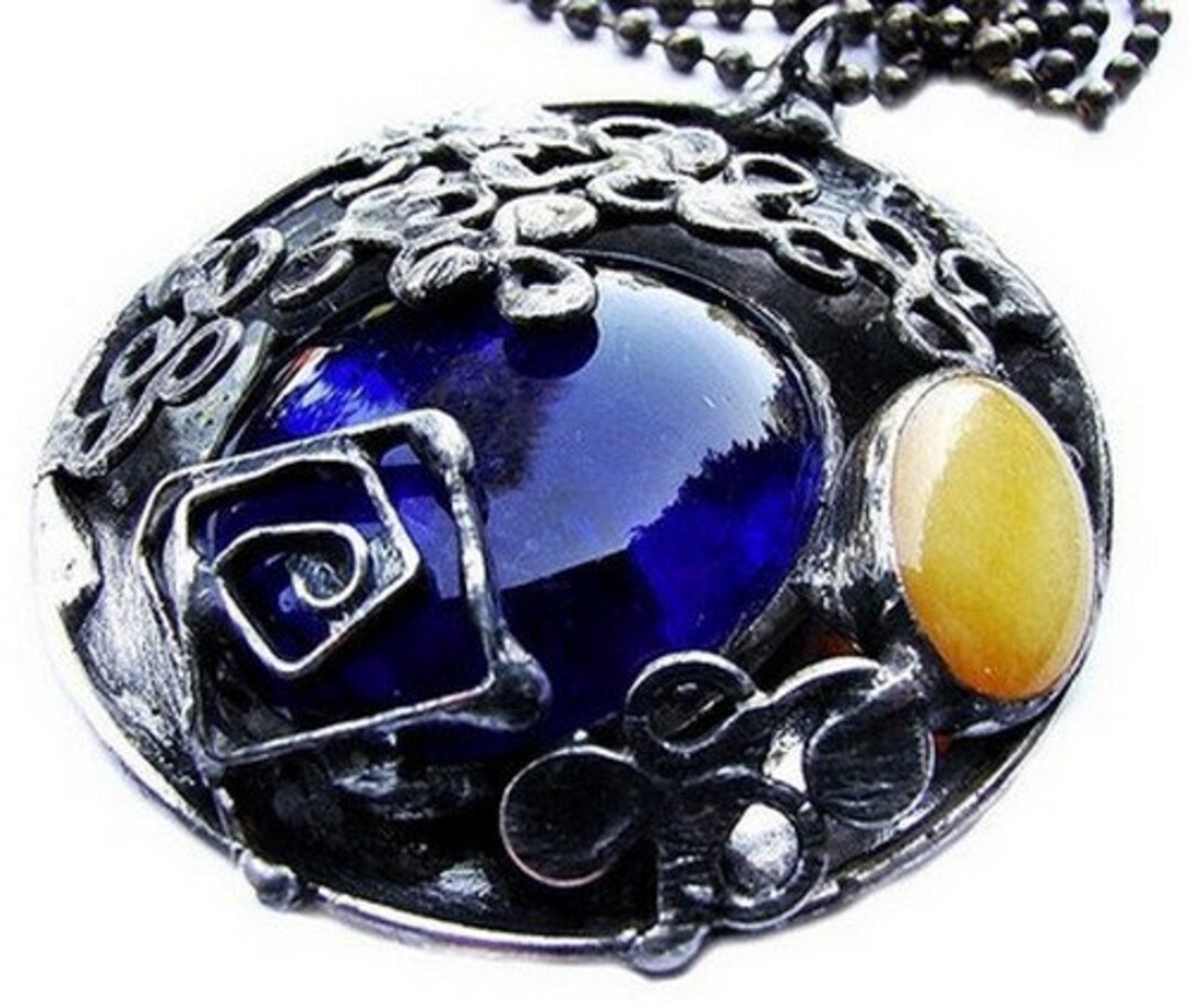 Yellow Nephrite Blue Glass Vintage Antique Stained Glass Pendant ...