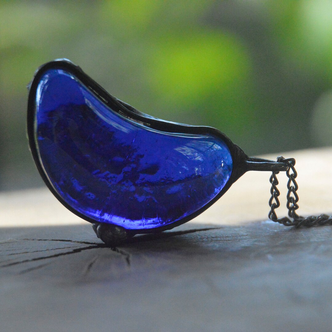 Moon Necklace Navy Blue Garnet Glass Pendant Gothic Stained Glass ...