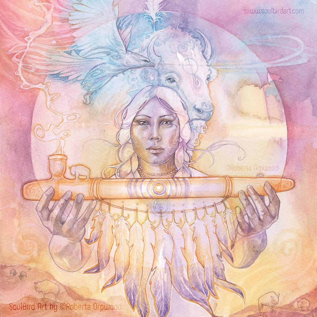 White Buffalo Calf Woman Shamanic Peace Pipe Art Print - Etsy