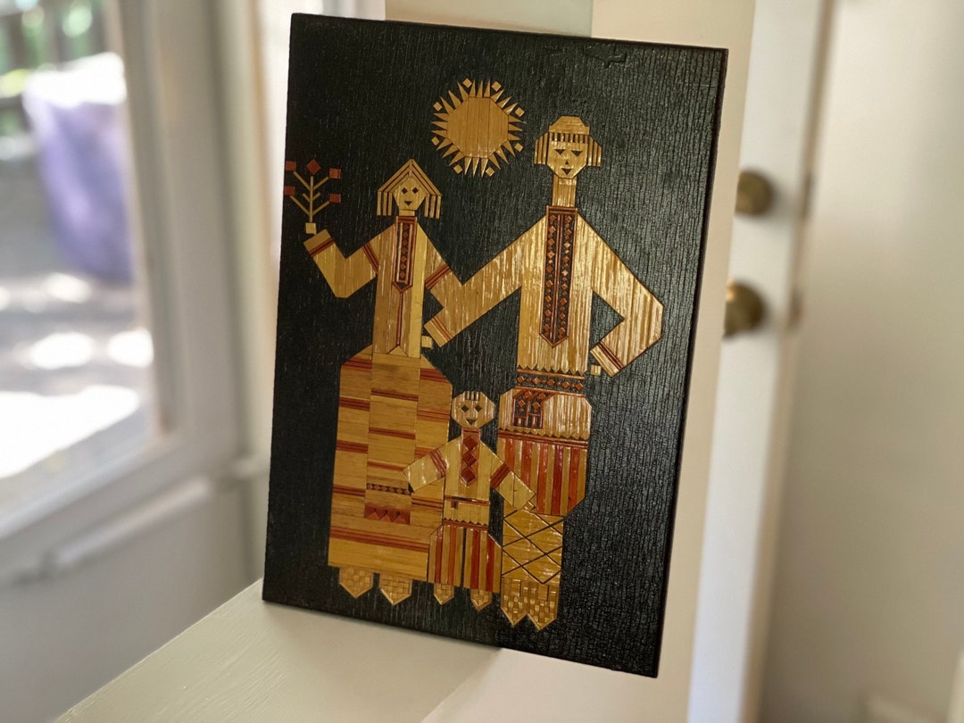 Vintage Mid Century Modern USSR Russian Wood Straw Inlaid Wall Plaque ...