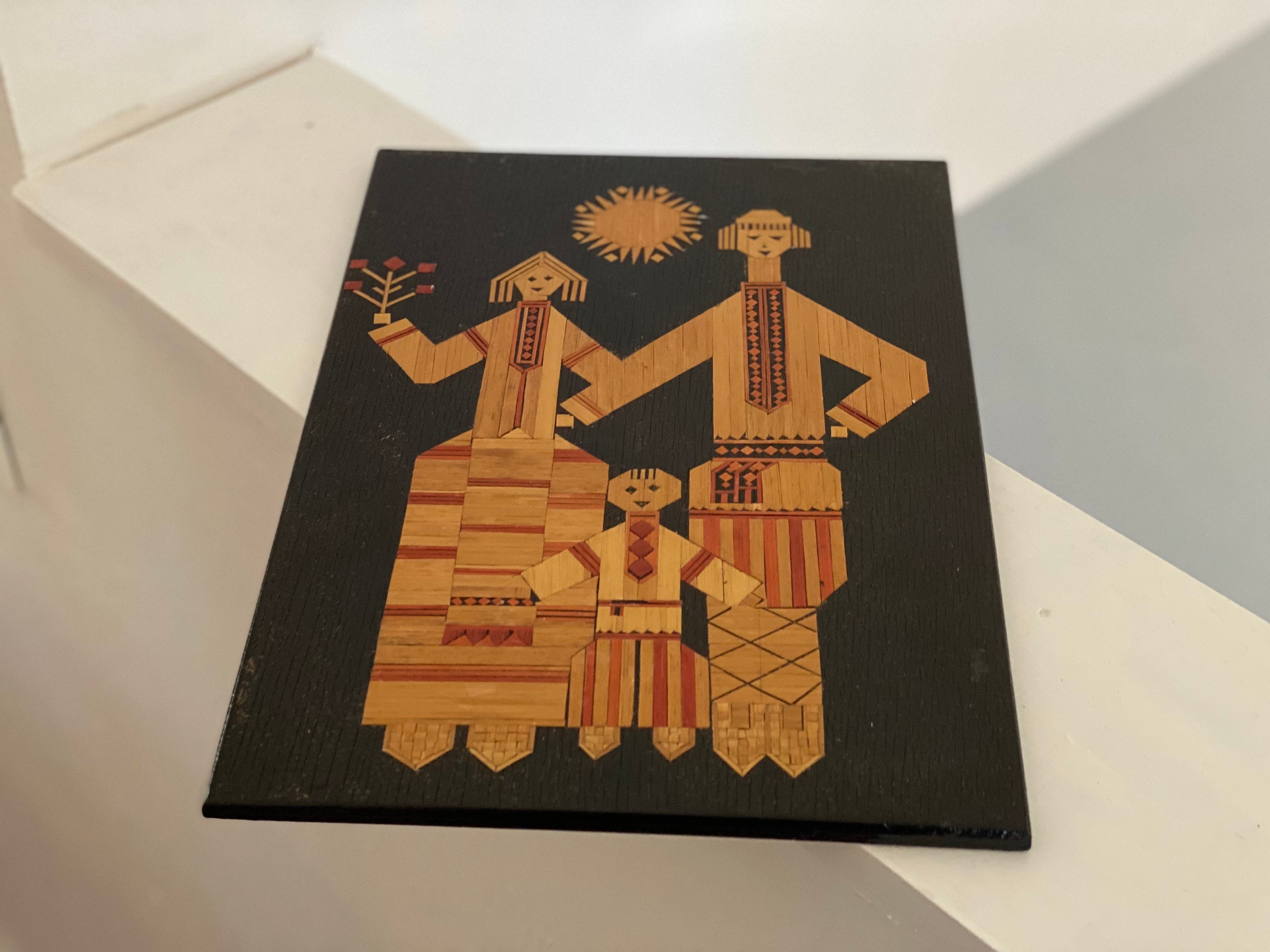 Vintage Mid Century Modern USSR Russian Wood Straw Inlaid Wall Plaque ...