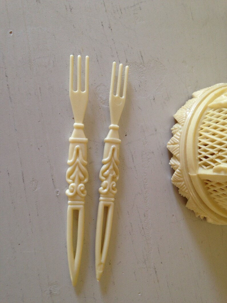 Vintage Faux Ivory Cocktail Forks With Holder, Made in Hong Kong - Etsy