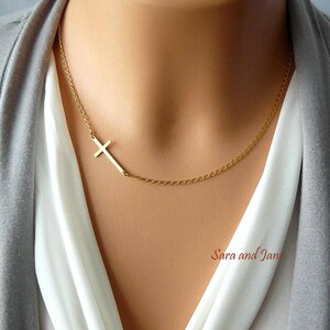 Sideways Cross Necklace in Yellow Gold / Birthday Gift / Best Friend ...