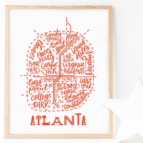 Atlanta Neighborhood Map Calligraphy Art Print - Etsy
