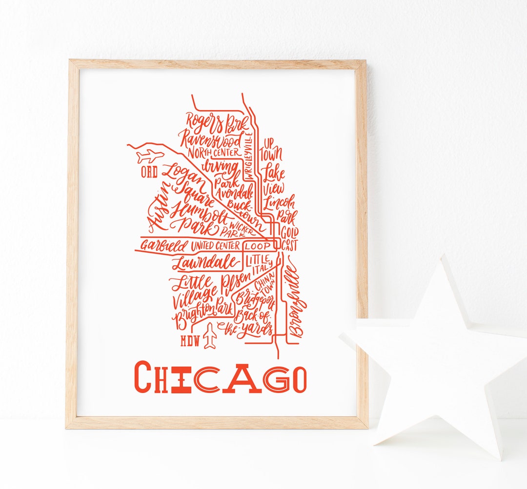 Chicago Neighborhood Map Calligraphy Art Print - Etsy
