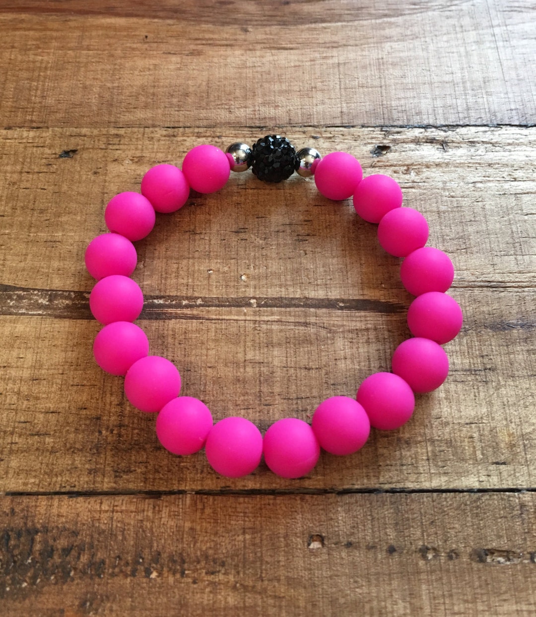 Hot Pink Silicone Bead Bracelet - Black Shamballa - Gold or Silver ...