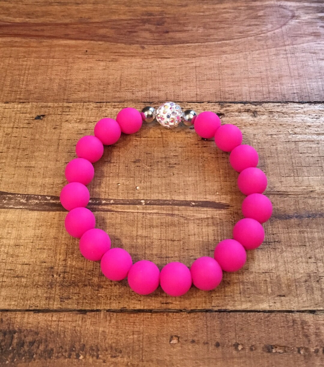 Hot Pink Silicone Bracelet: Iridescent Shamballa Bead, Gold/silver ...