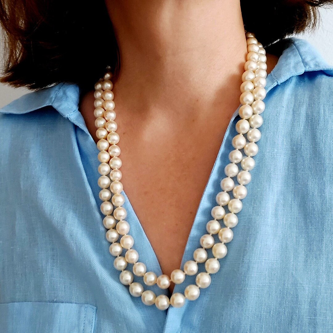 Vintage Double String Pearl Necklace With Zircon and Emerald - Etsy