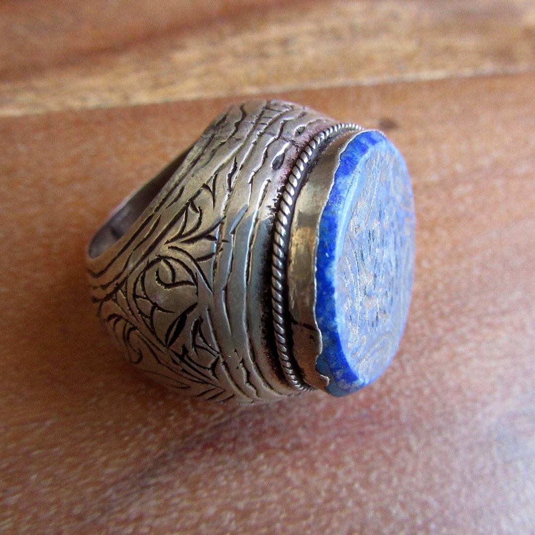 Mughal Ring From India | Silver Ring With Lapis Lazuli | Carved Ring | Taweez Amulet Ring - Etsy