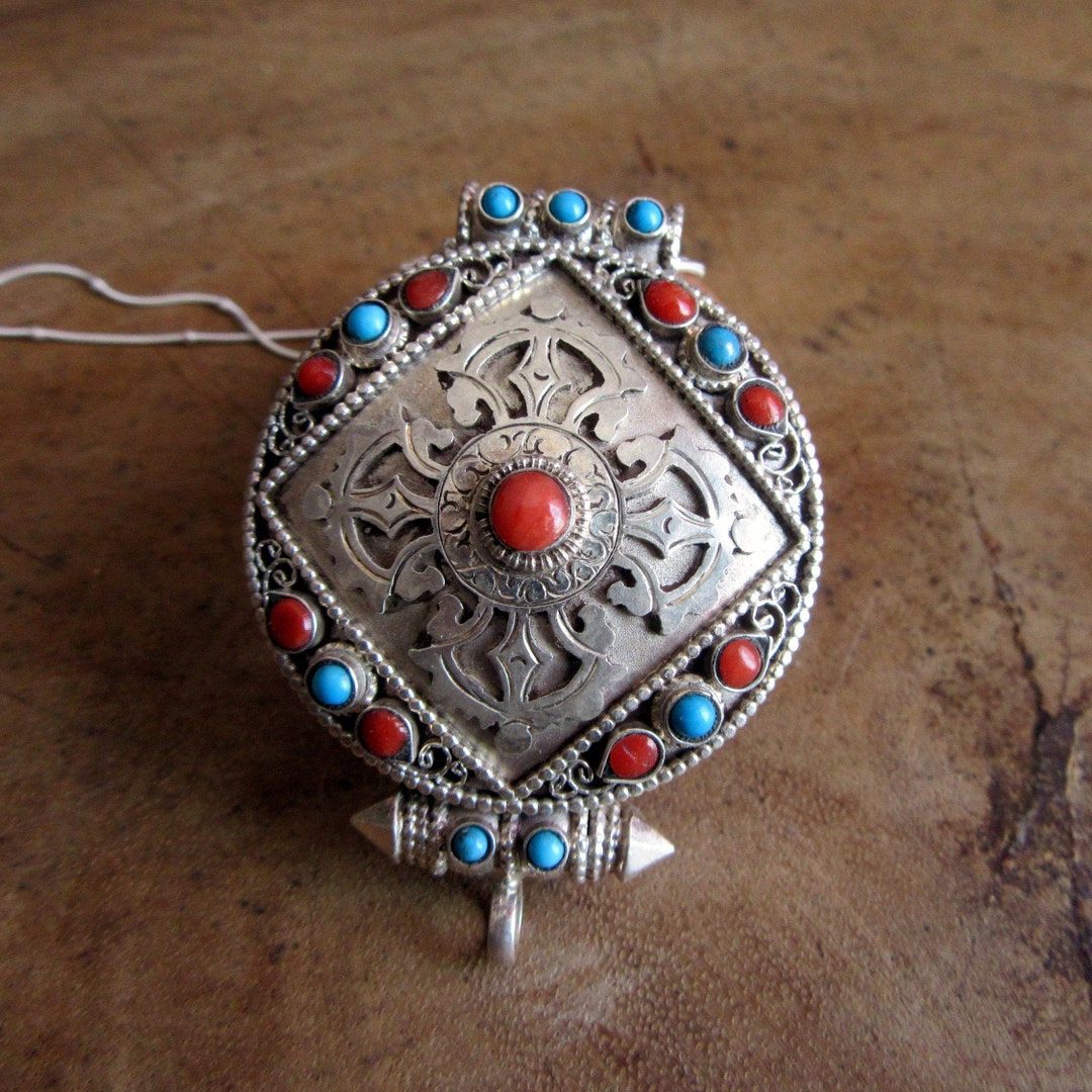 Double Dorje Silver Charm With Coral and Turquoise From Nepal - Etsy