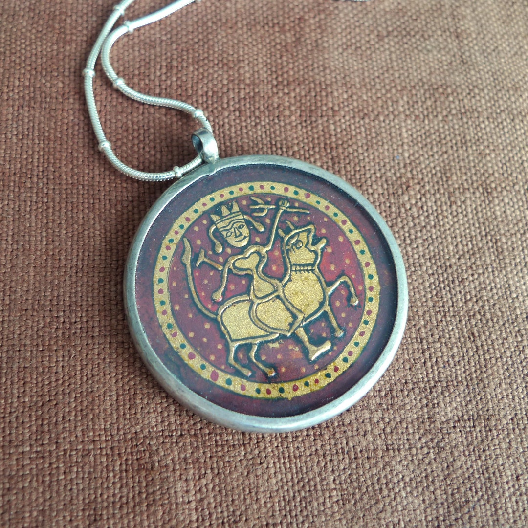 Antique Durga Handpainted Gold Paint Pendant From India | Shakti ...