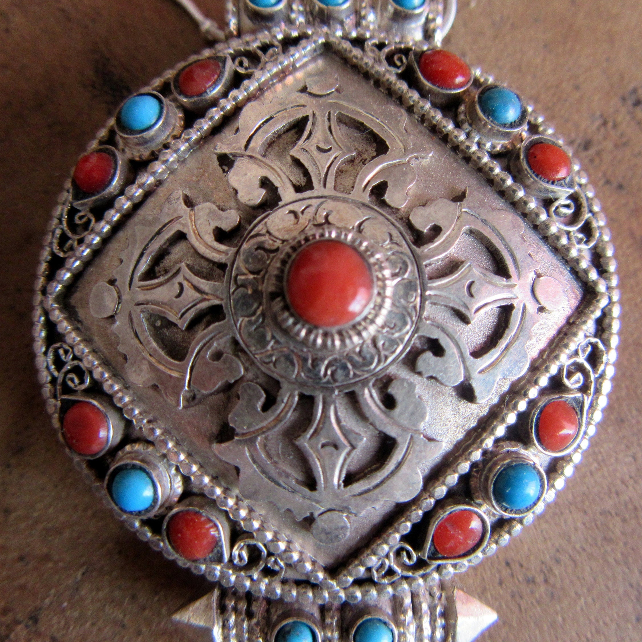Double Dorje Silver Charm With Coral and Turquoise From Nepal - Etsy