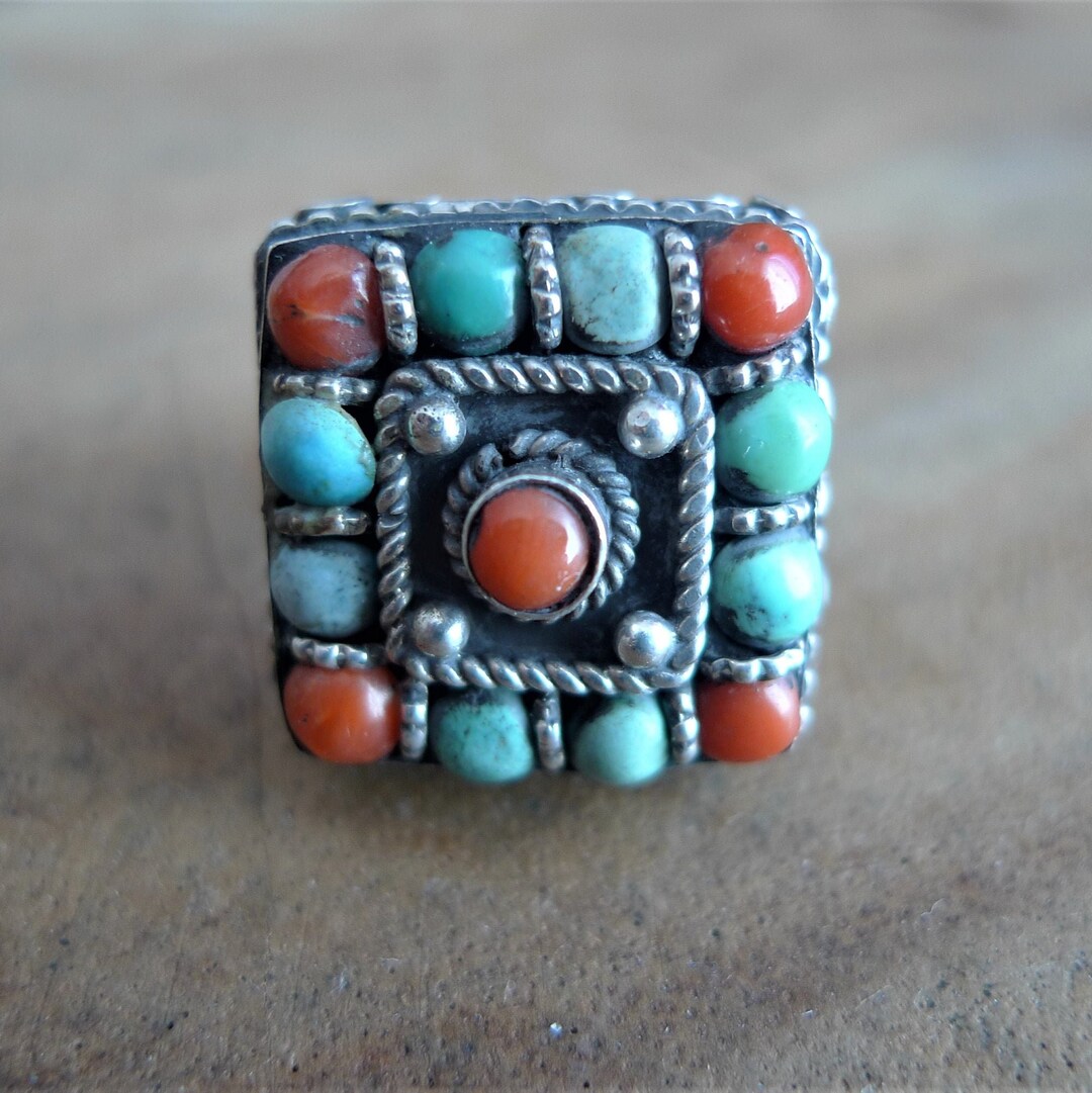 Coral and Turquoise Ring From Nepal | Ethnic Silver Ring With Natural ...
