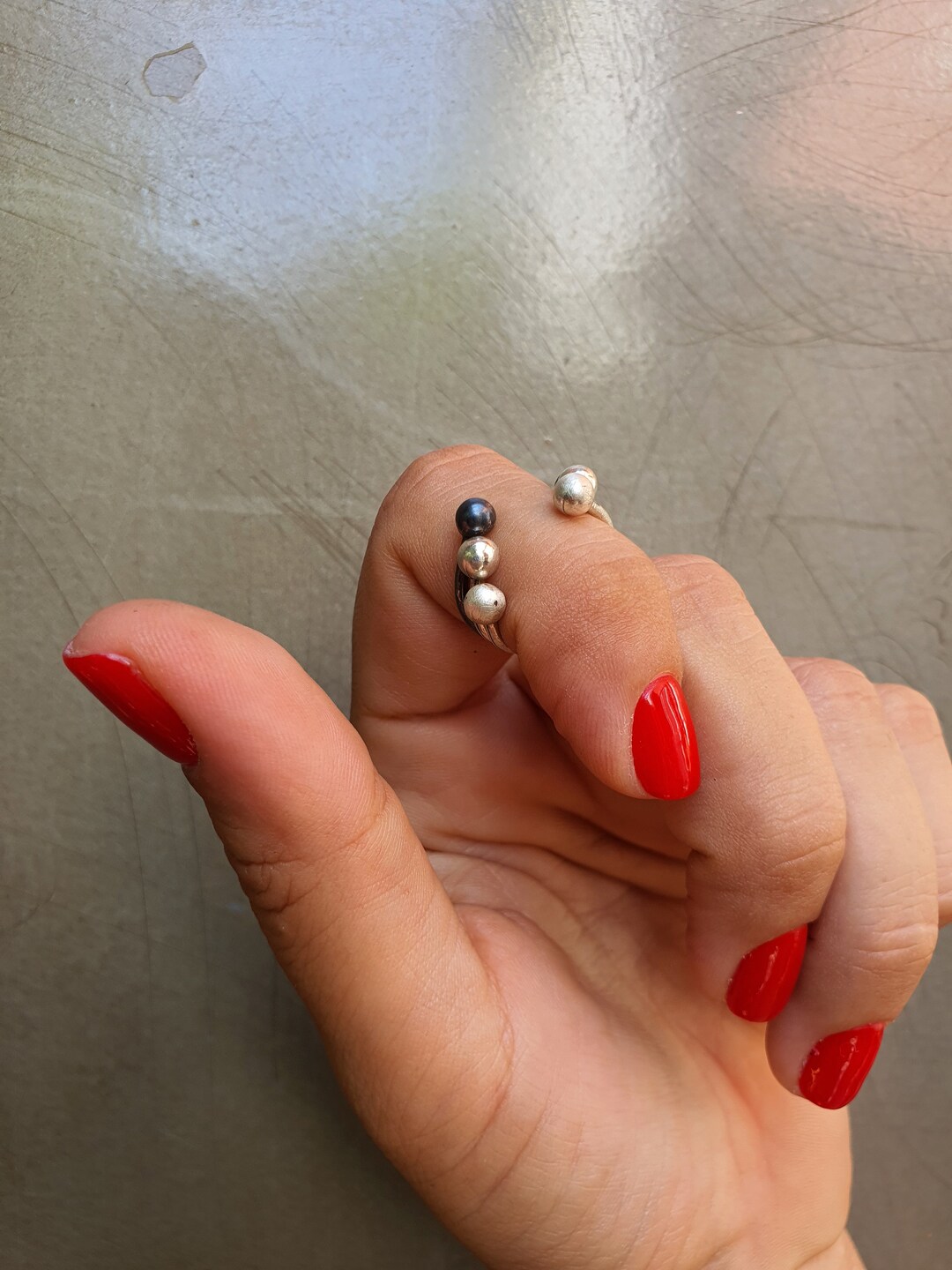 Minimal Sterling Silver Open Ring Stackable and Adjustable With 2 Balls ...