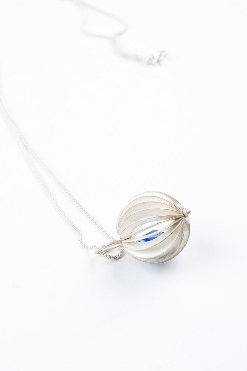 Long Silver Necklace, Round Cage With Crystal Bead Inside. - Etsy