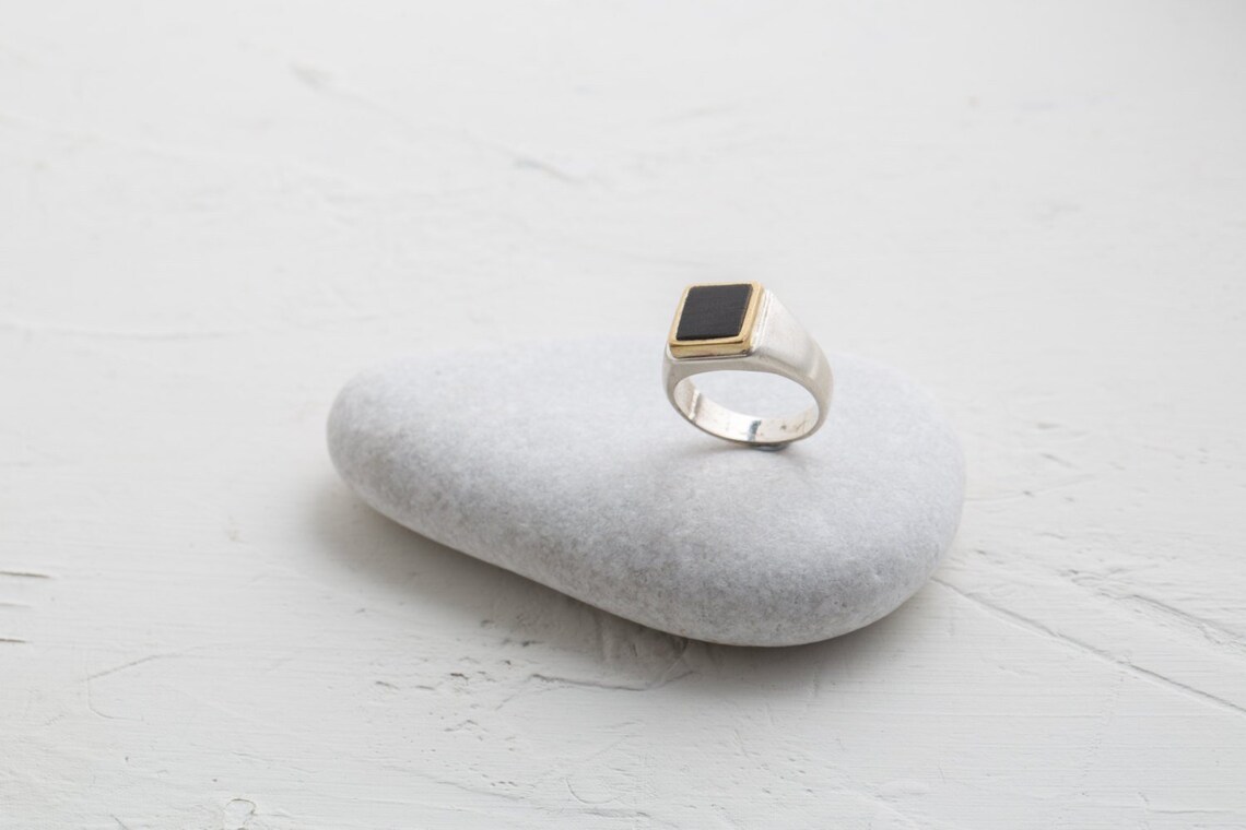 Square Pinky Silver Signet Ring Set With Ebony Wood and Brass Frame ...