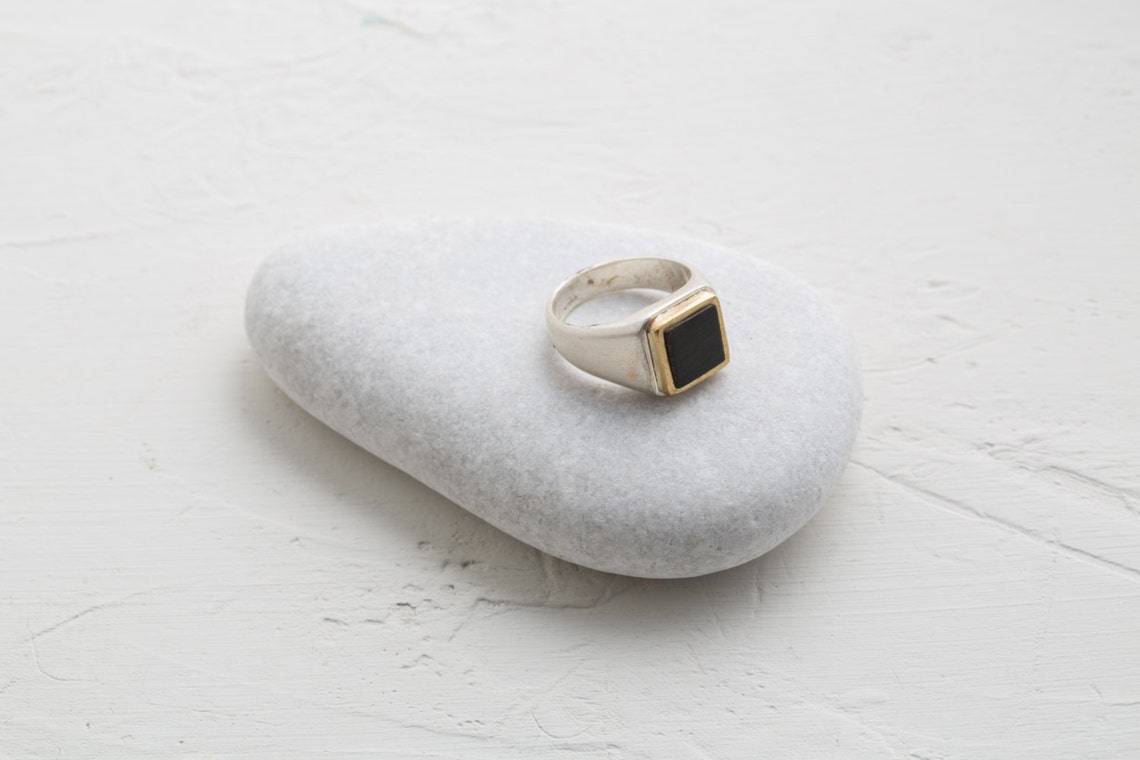 Square Pinky Silver Signet Ring Set With Ebony Wood and Brass Frame ...