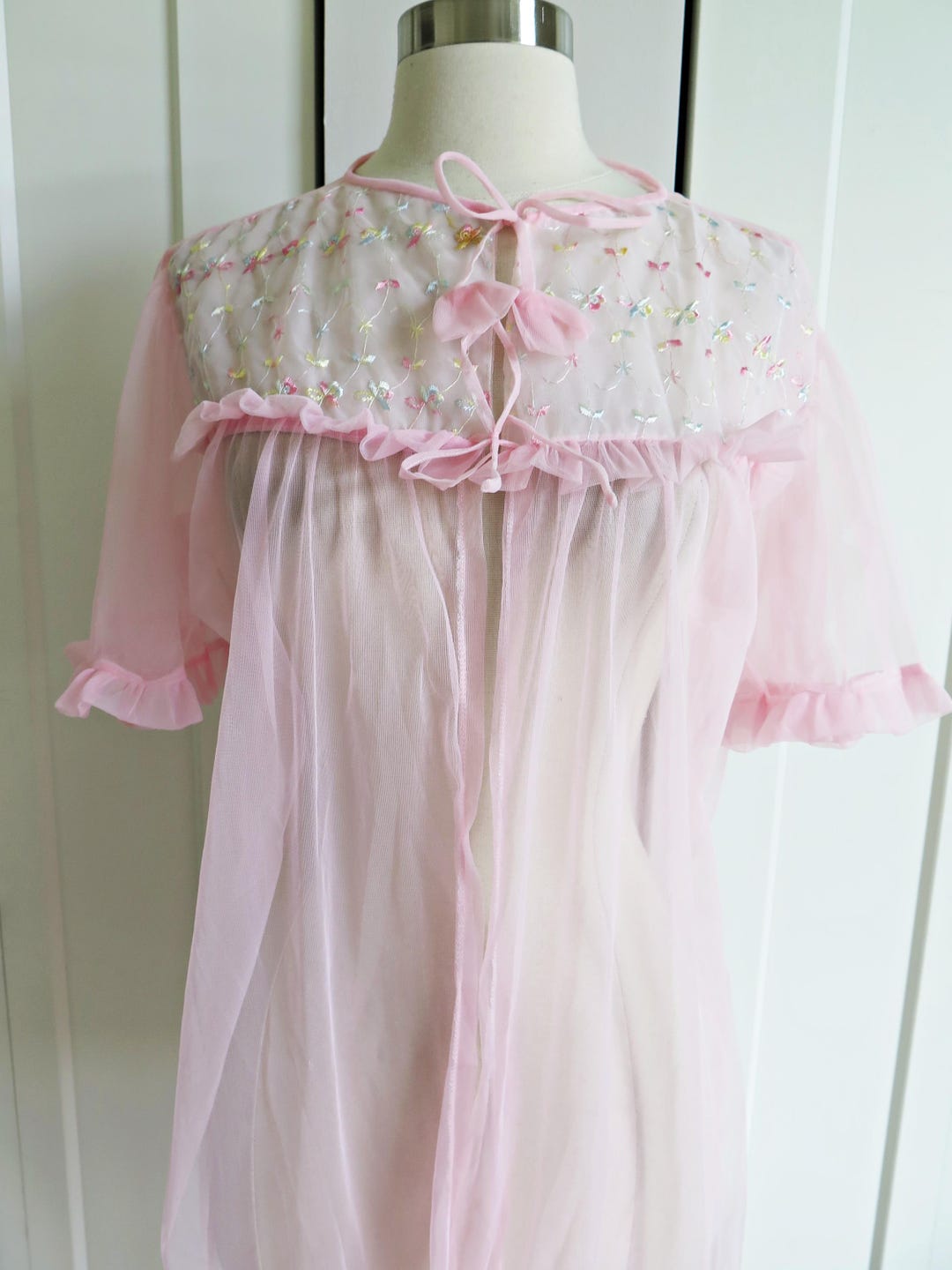 1960's Baby Pink Sheer Robe / Lingerie // Sheer Nylon With Embroidered ...