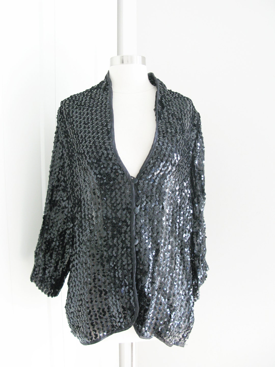 70's Black Sequin Party Blazer - Jacket // Hand Sewn Sequins - Looped ...