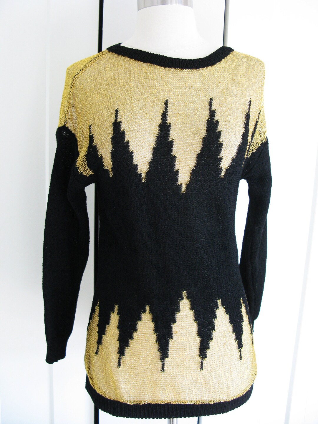 70's 80's Sweater Vintage Gold and Black Lurex Color Block Crew Neck ...