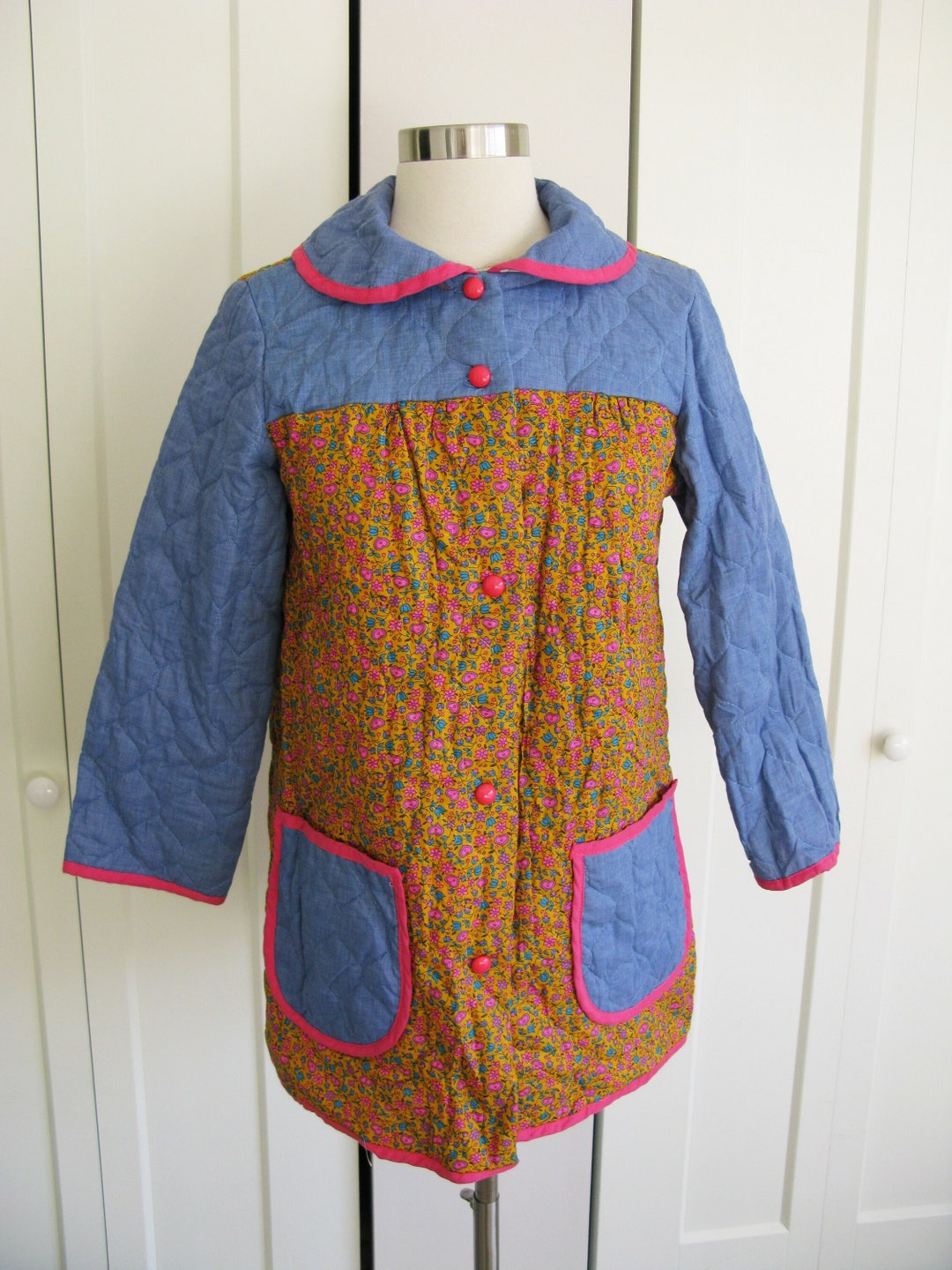 1970's Quilted Robe Coat Dress // Calico Color Block Knee Length ...