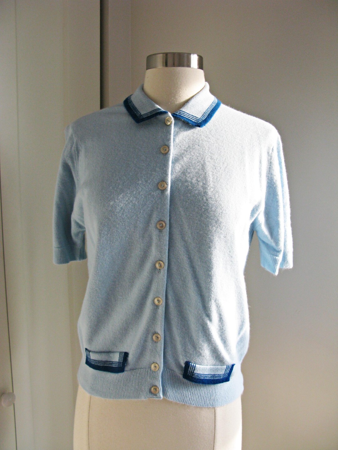 Vintage 1960's Blue Orlon Short Sleeve Collared Cardigan Sweater // by ...