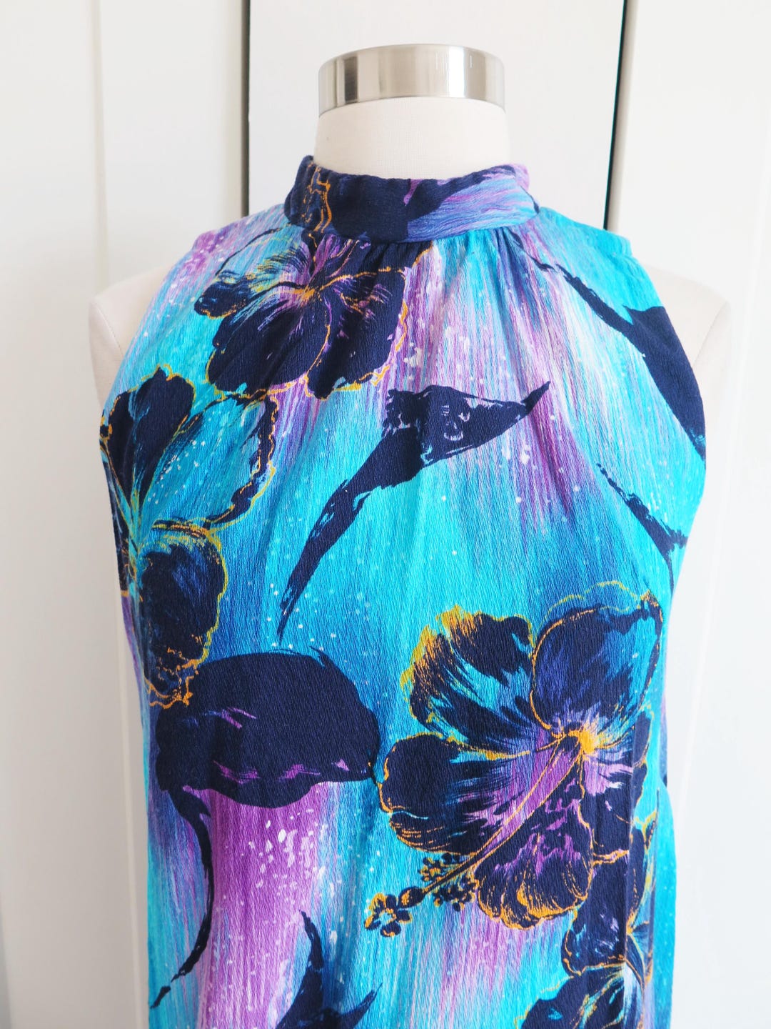 60's Blue Bark Cloth Hawaii Maxi Dress // Alu Lole Sleeveless Dress ...