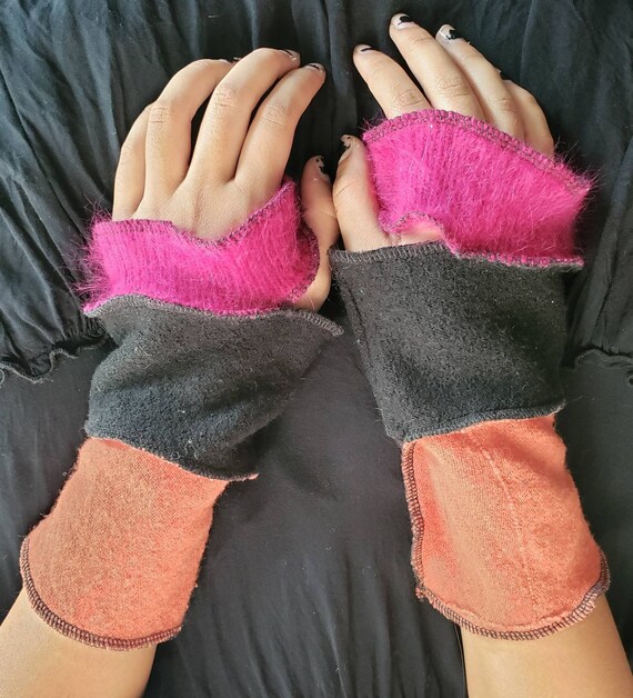 Pink Black Orange Arm Warmers Fingerless Gloves Wool Patchwork Upcycled Recycled Woolen Sweaters Katwise Inspired Gift Free Shipping Etsy