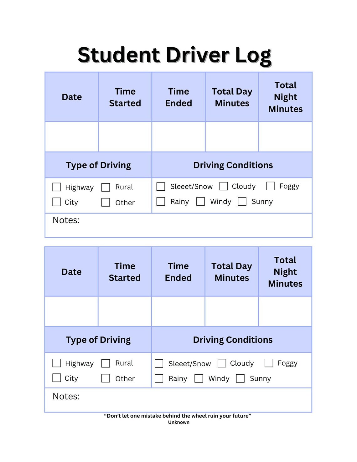 Student Driver Driving Log - Etsy