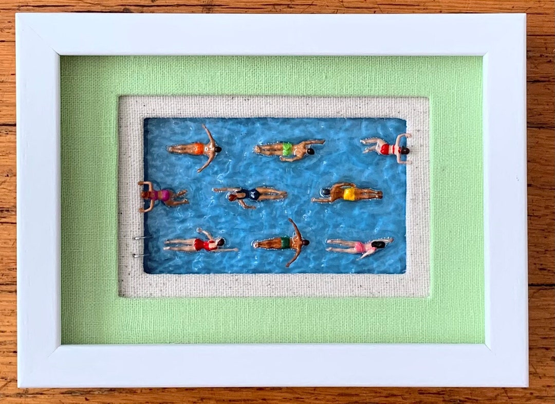 Miniature Swimming Pool, Miniature Swimmers, Art Work With a Real Wood ...