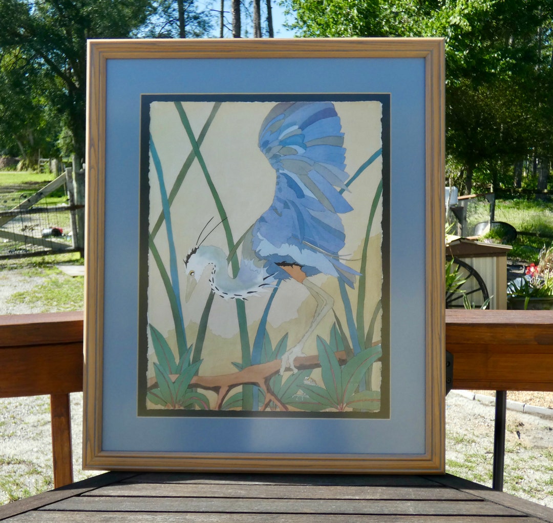 CLOSEOUT dan Goad Blue Heron Print Framed Under Glass 24 X 28 X 1 - Etsy