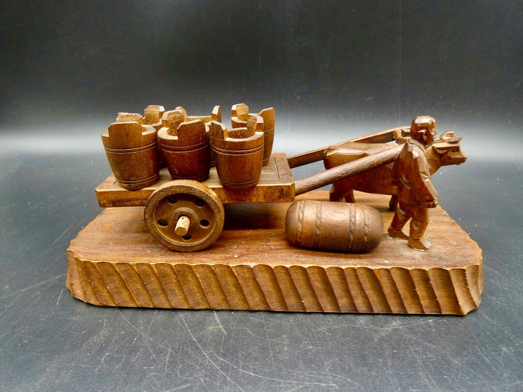 Sale*-rustic Accent-hand Carved Wood Ox Cart W/ Barrel & Buckets on ...
