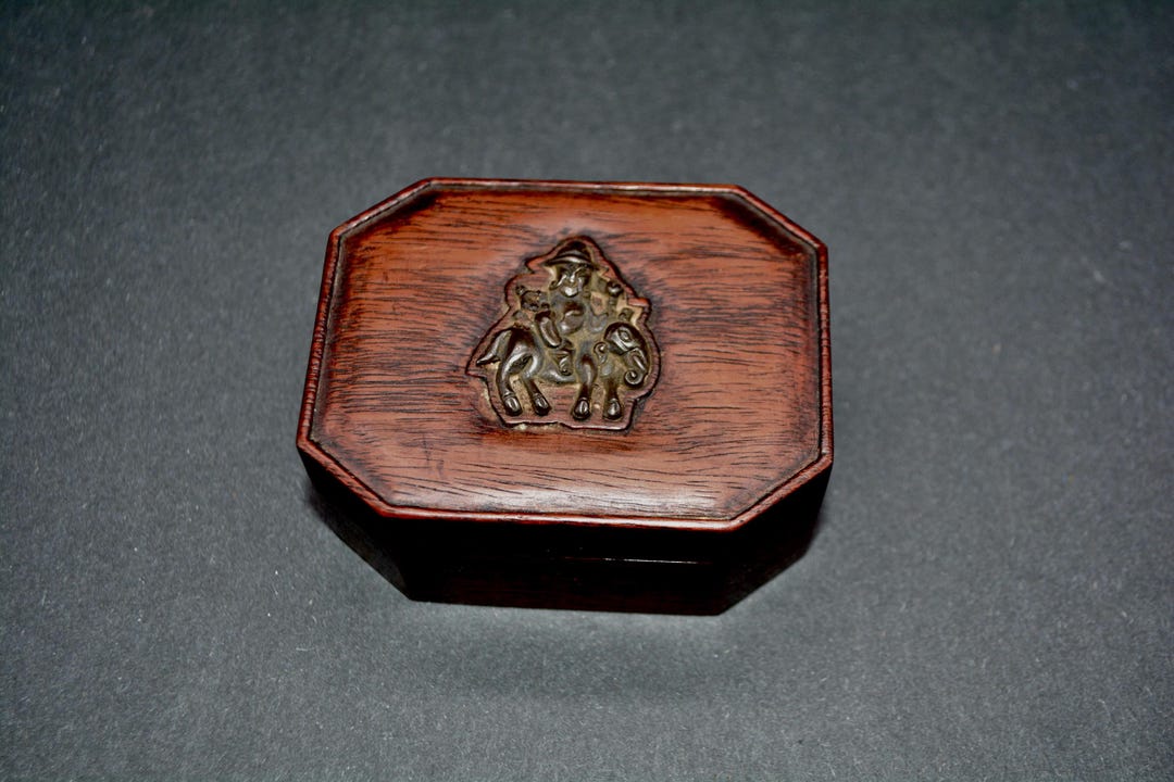 Rare Old Mahogany Trinket Box With Mythology Style Brass Man on ...
