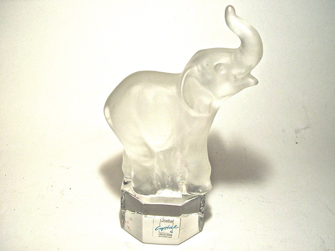 GOEBEL Satin Glass trunk Up ELEPHANT on Faceted Clear Crystal Base ...