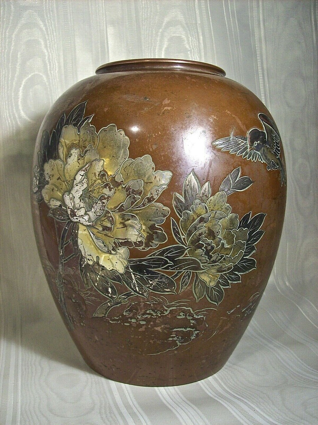 Antique JAPANESE Heavy Copper With Silver Overlay Metal FLOWERS and ...
