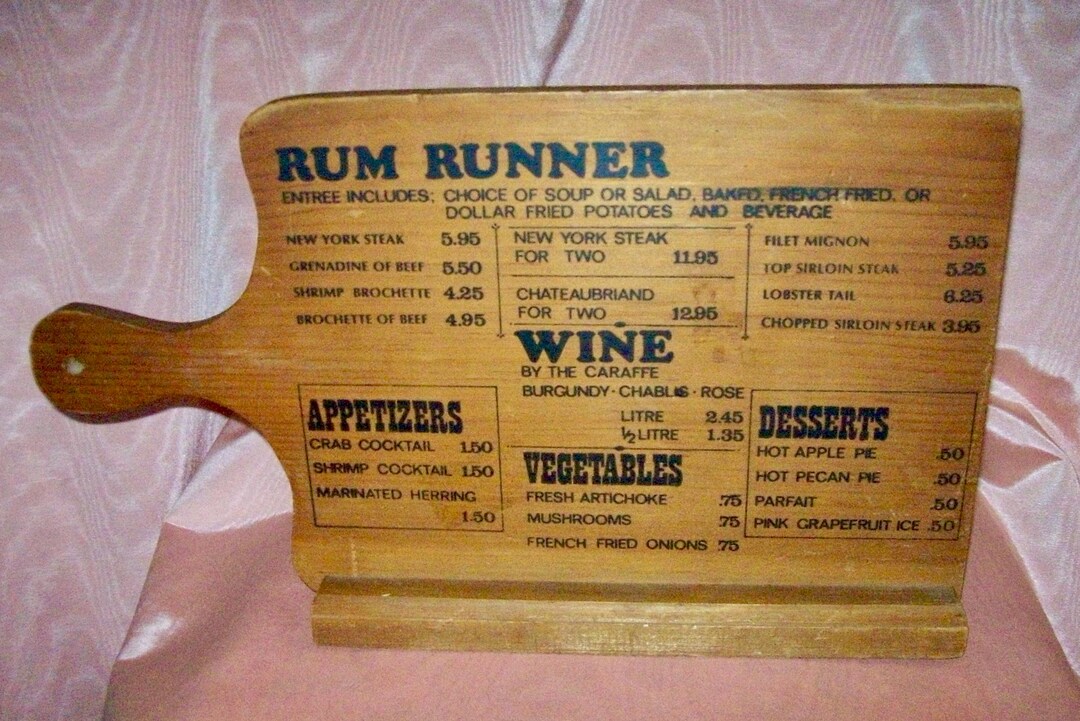 Vintage RUM RUNNER Restaurant MENU Printed on a Large Wood Cutting ...