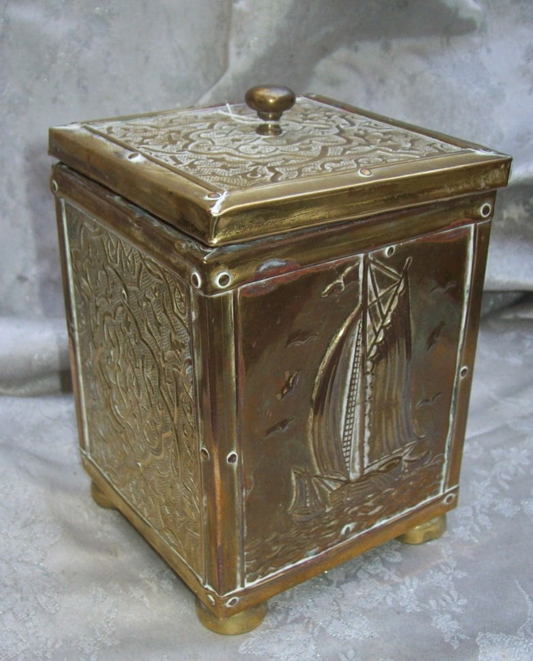Antique REPOUSSE Brass TEA CADDY With Celtic Pattern and Pictorial Ship ...