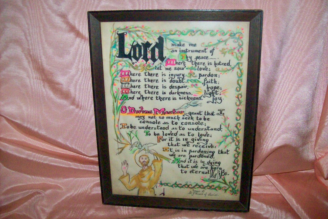 Vintage Hand Written Illuminated PRAYER of St. FRANCIS of ASSISI Signed ...