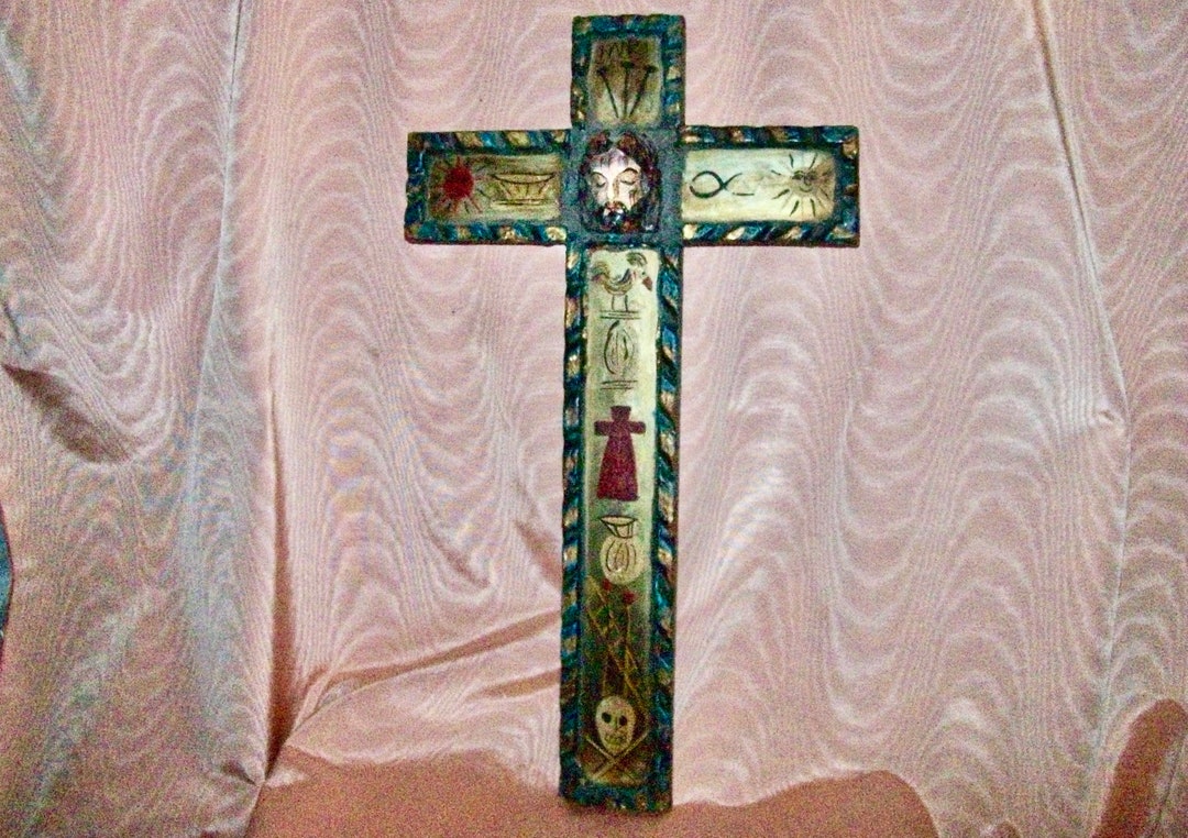 Unique Large MEXICAN Hand-carved Wood Painted Mirror CRUCIFIX With ...