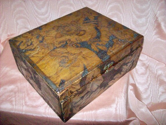 2 Antique PYROGRAPHY WOOD BOXES with Large Decorative… - Gem